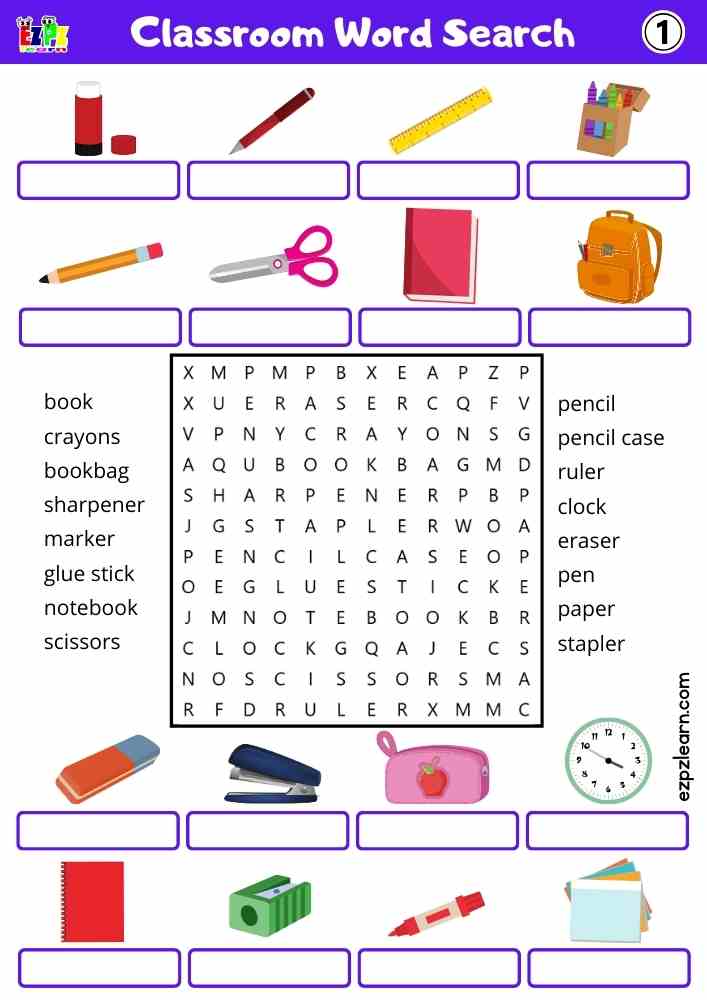 Classroom Objects Word Search Worksheet – Fun School Vocabulary Activity Free PDF - Ezpzlearn.com
